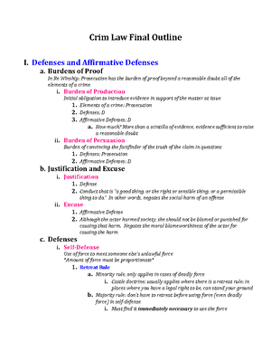 Criminal Law Outline - Lecture notes 1-10 - LawMental State and ...