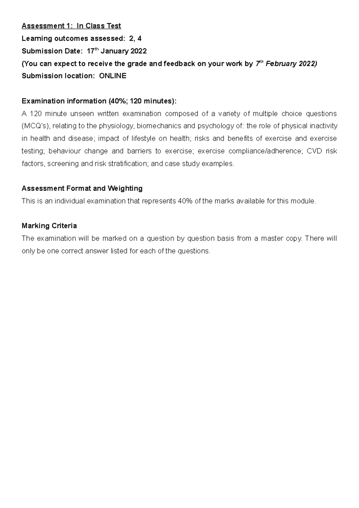 Assessment overviews - Assessment 1: In Class Test Learning outcomes ...