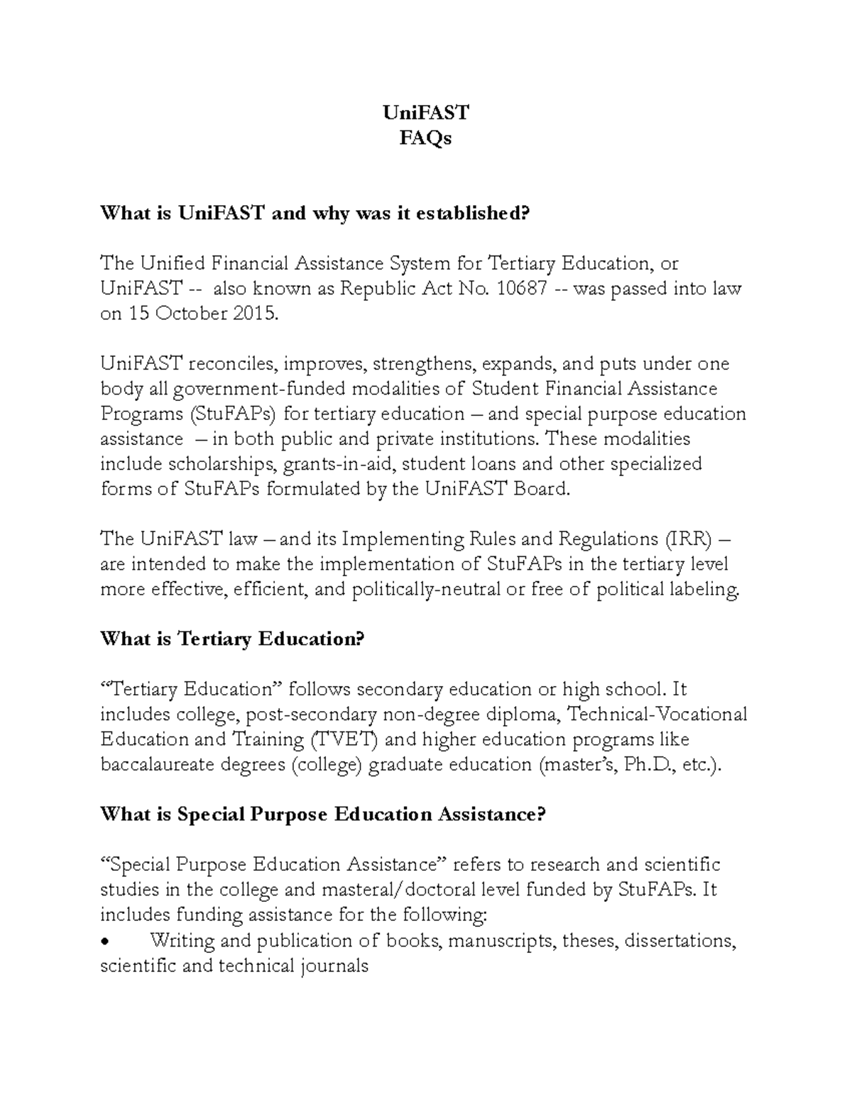 Uni FAST-FAQs - Gikngyjk - UniFAST FAQs What is UniFAST and why was it ...