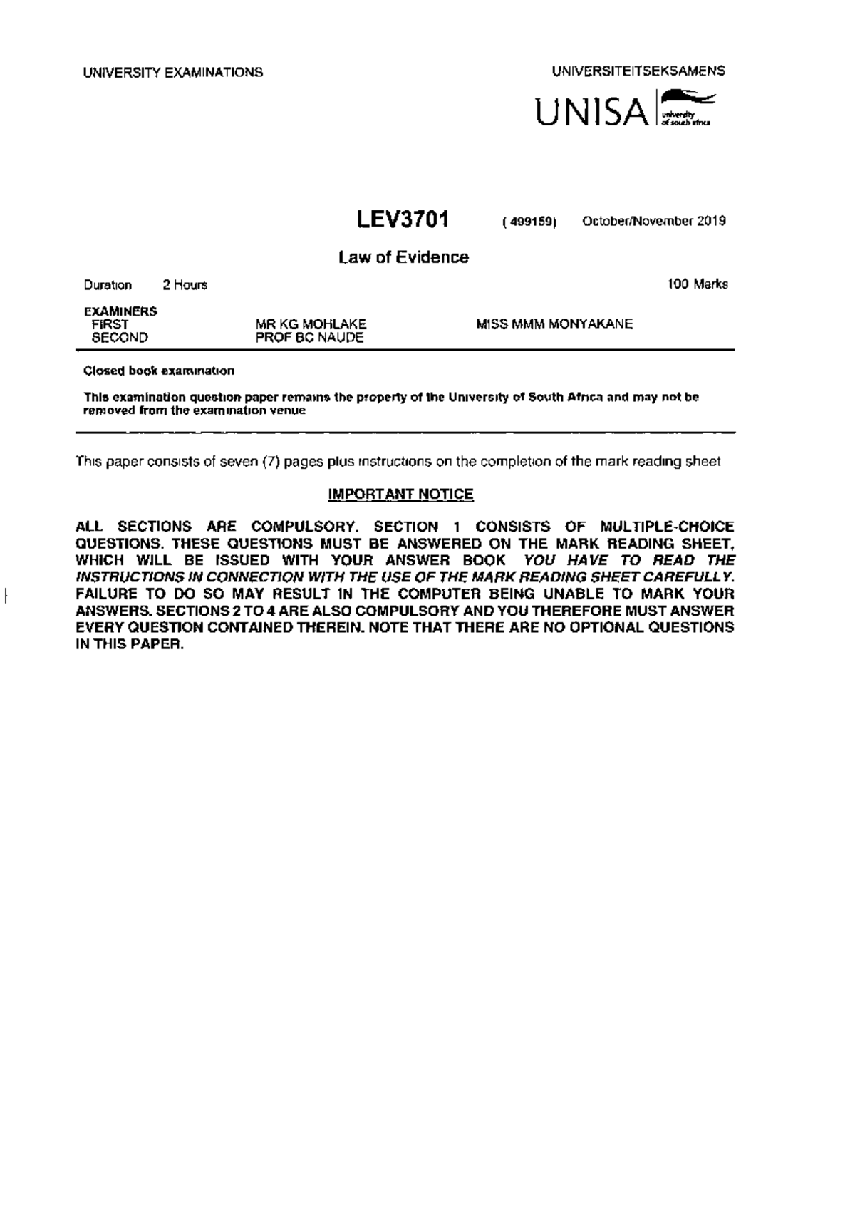 LEV3701 2019 10 E 1 - Previous Exam Paper - MRL 3701 - Studocu