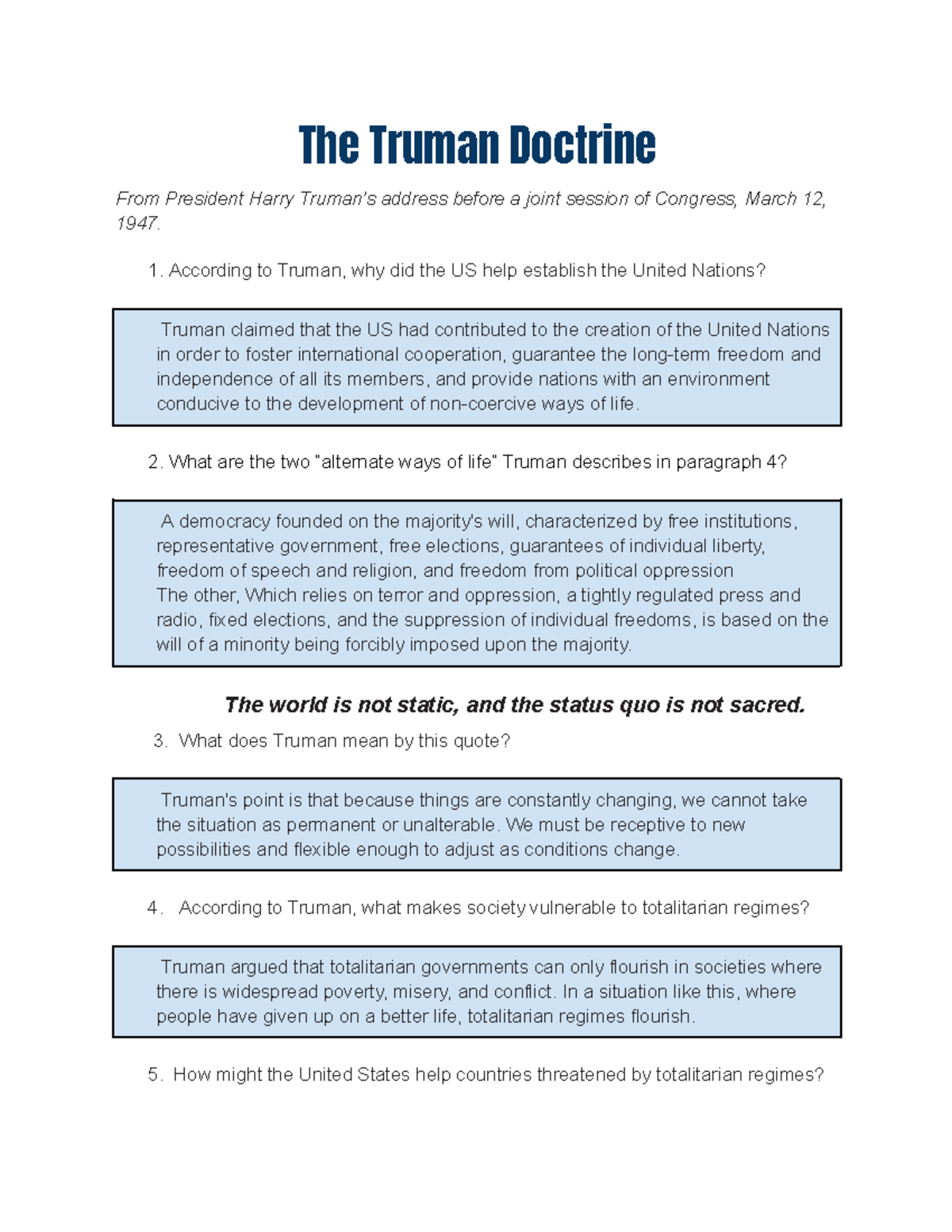 The Truman Doctrine - Answer is on the doc - The Truman Doctrine From ...