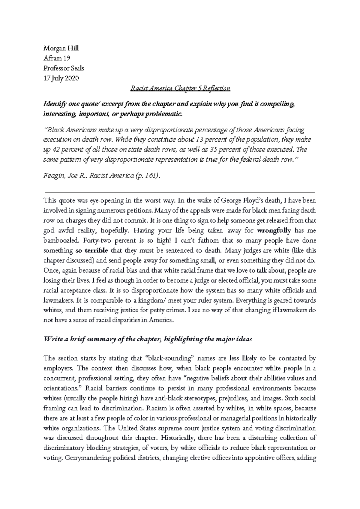 Chapter 5 Reflection - RACISM IN AMERICA CLASS - MoǩƴaǓ Hill AƳǩaǒ 9 ...