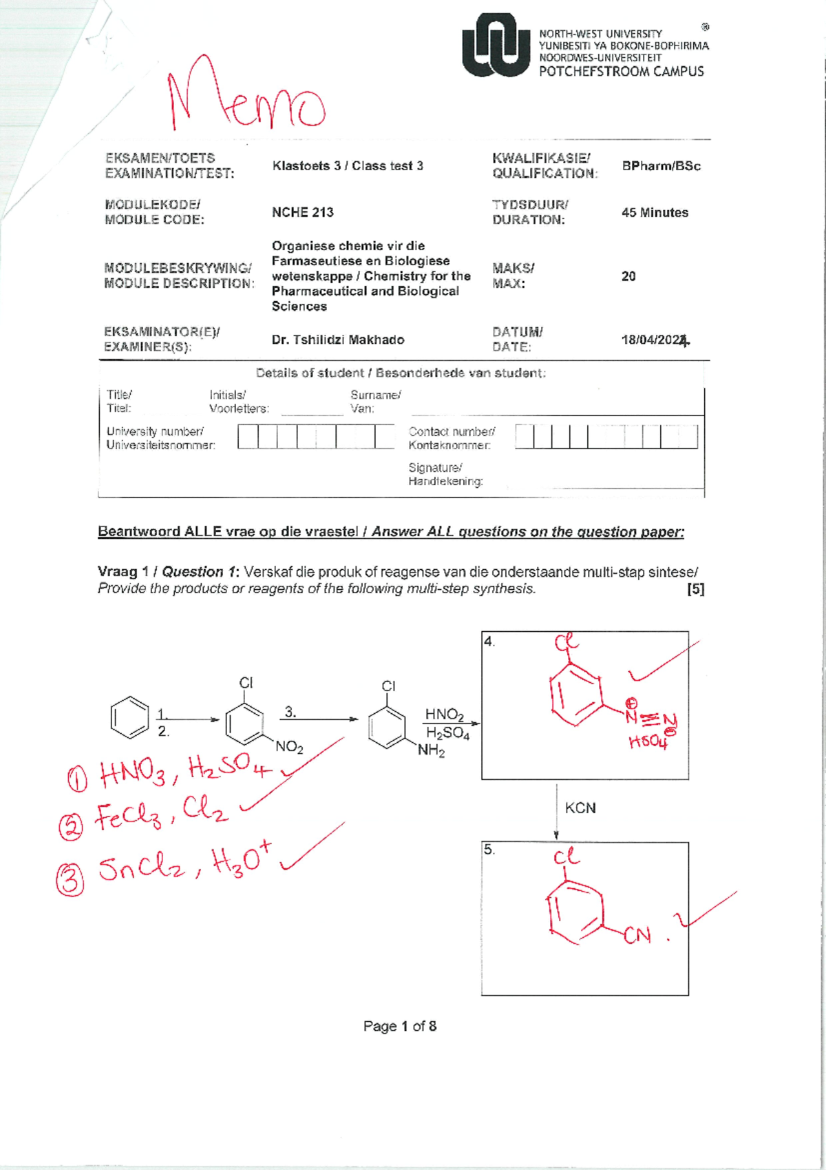 NCHE 213 Class test 3 Memo 2024 - NCHE 222 - Studocu
