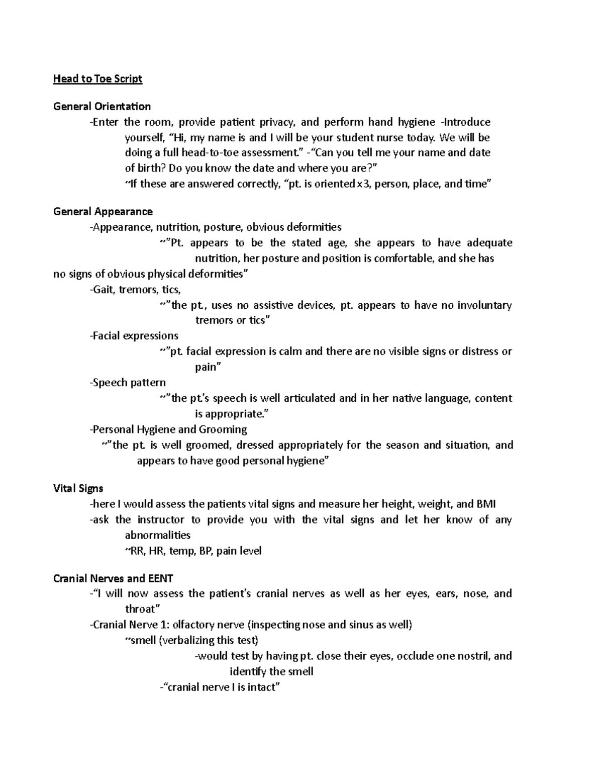 Mk MY Head to Toe Script - Head to Toe Script General Orientation ...