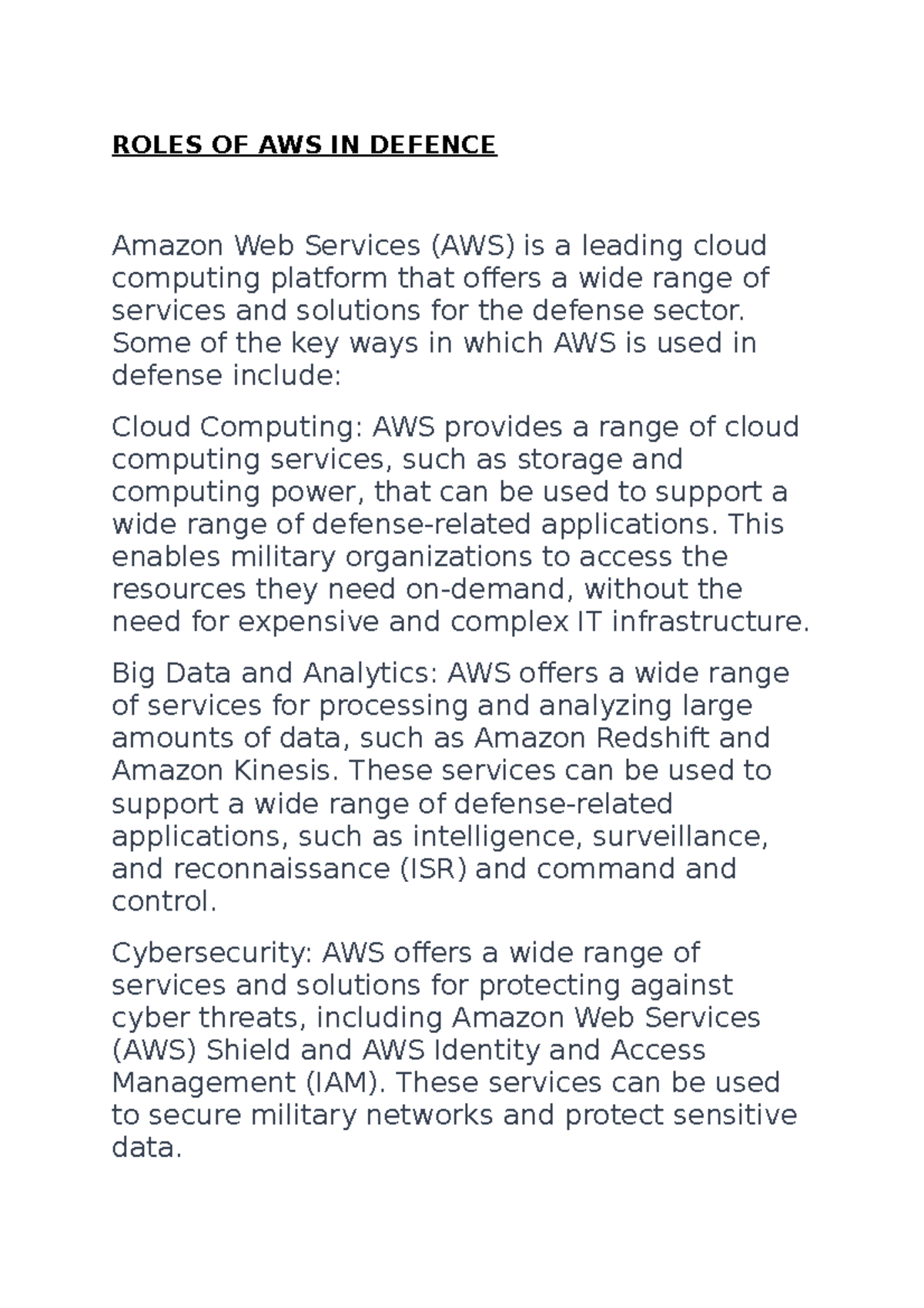 ROLE OF AWS IN Defence - ROLES OF AWS IN DEFENCE Amazon Web Services ...