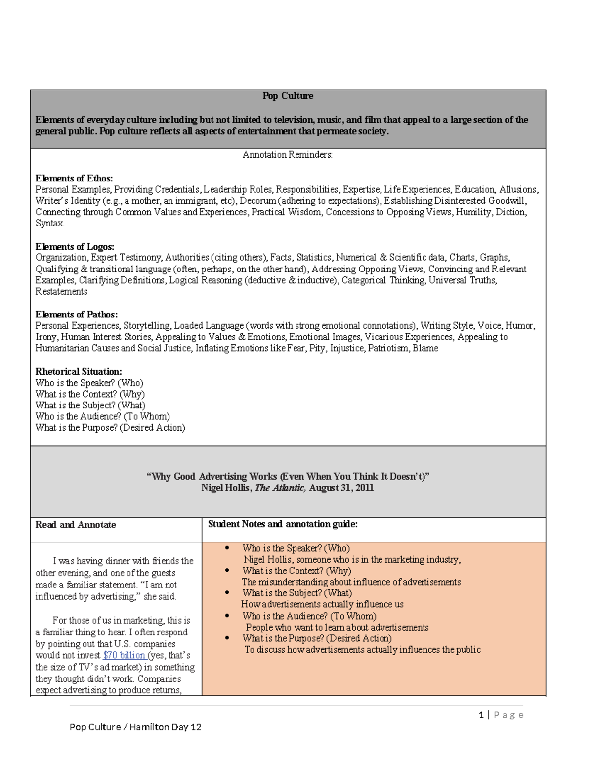 Guided Notes - Pop Culture Day 12 - Pop Culture Elements of everyday ...