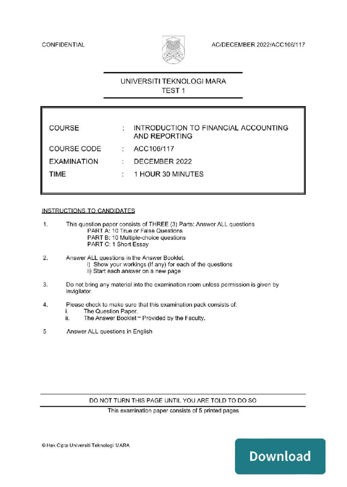 Practice Material - Test Question - Introduction to Financial ...