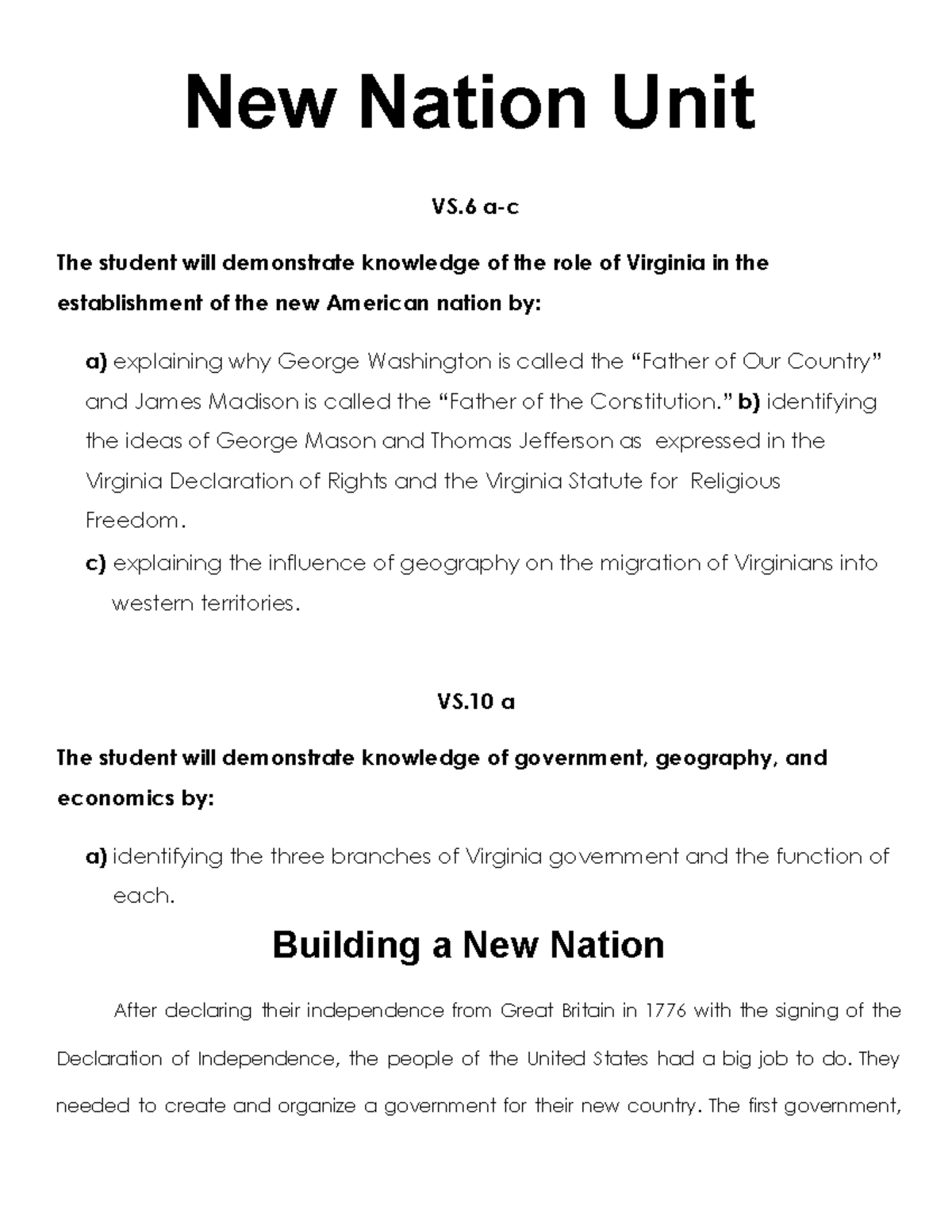 00-New Nation Notes - New Nation Unit VS a-c The student will ...