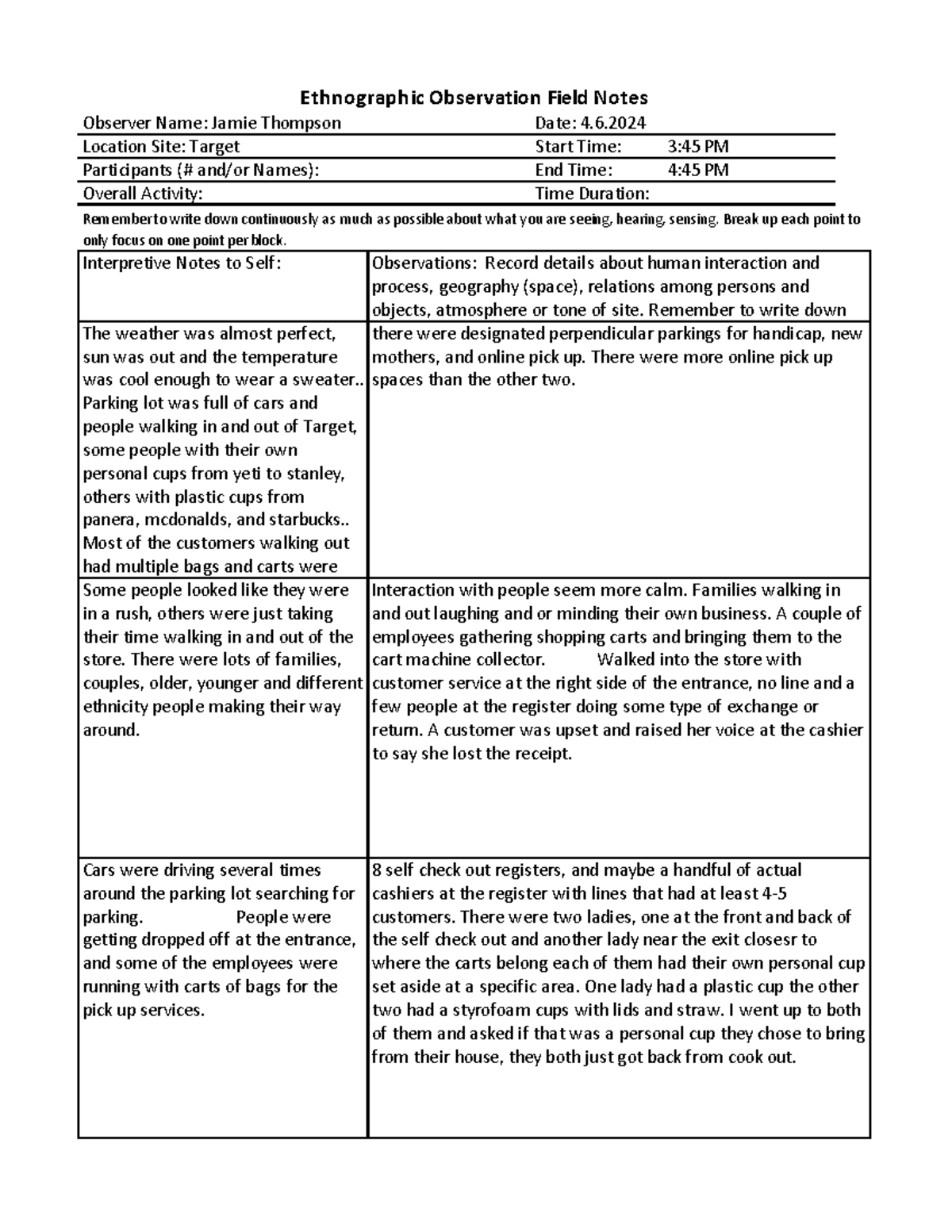 Ethnographic Observation Notetaking - Observer Name: Jamie Thompson ...