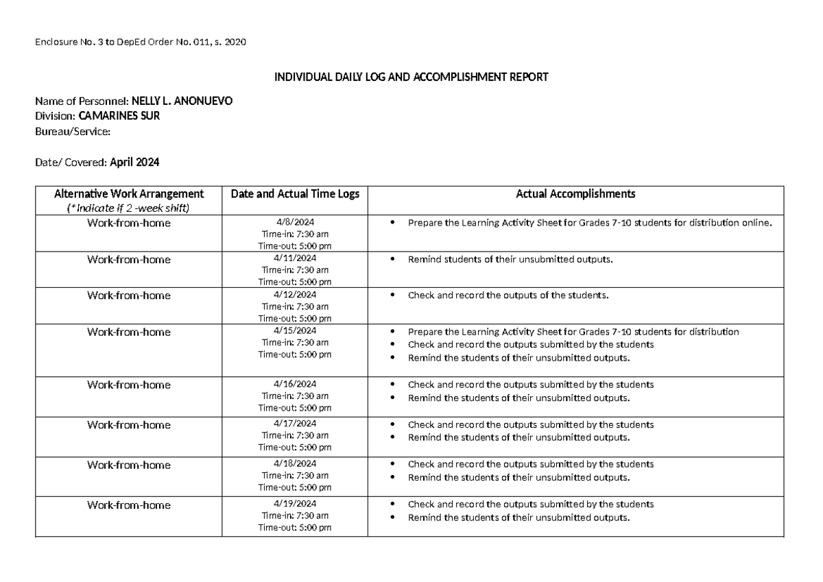 Individual Daily LOG AND Accomplishment Report - Enclosure No. 3 to ...