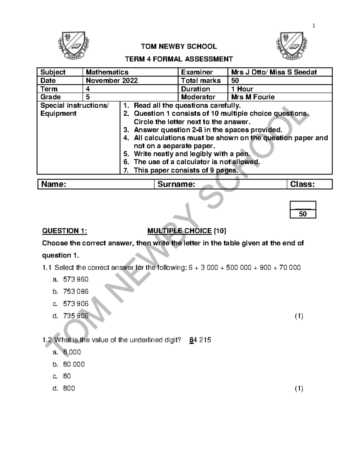 Grade 5 Mathematics Script November 2022 - TOM NEWBY SCHOOL TERM 4 ...