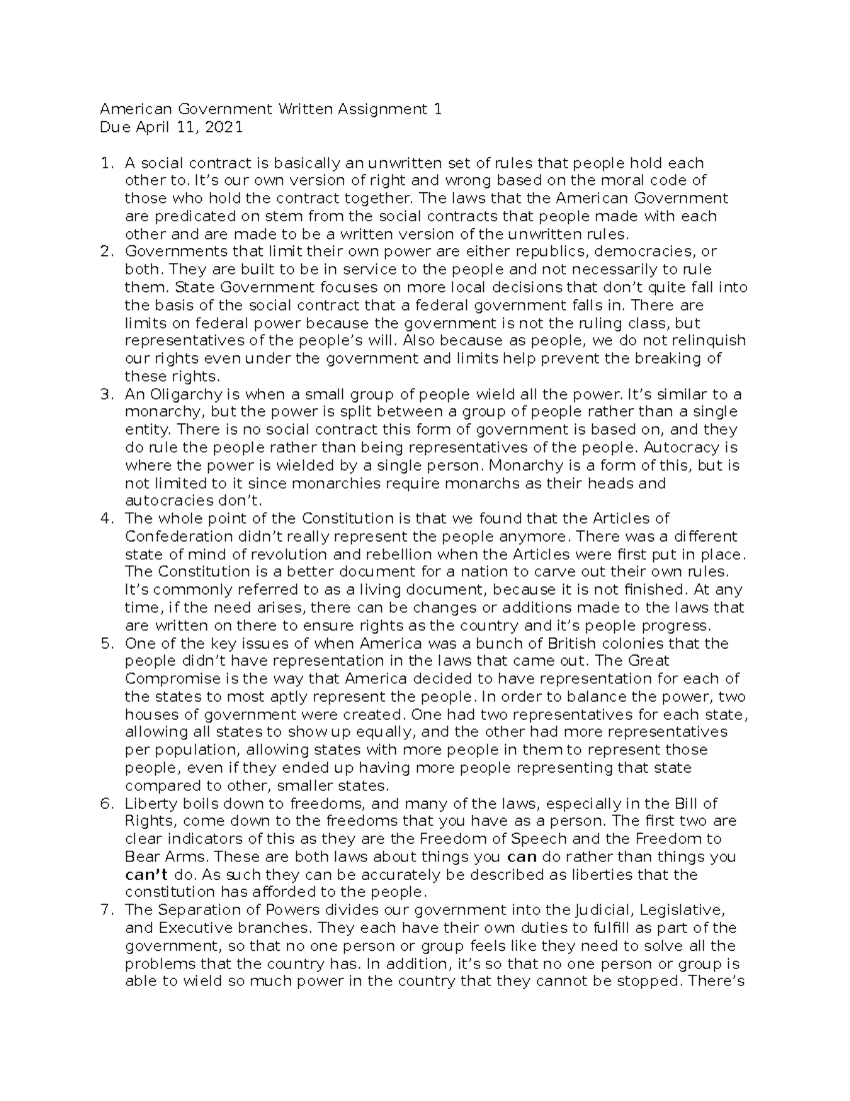 American Government WA 1 - American Government Written Assignment 1 Due ...