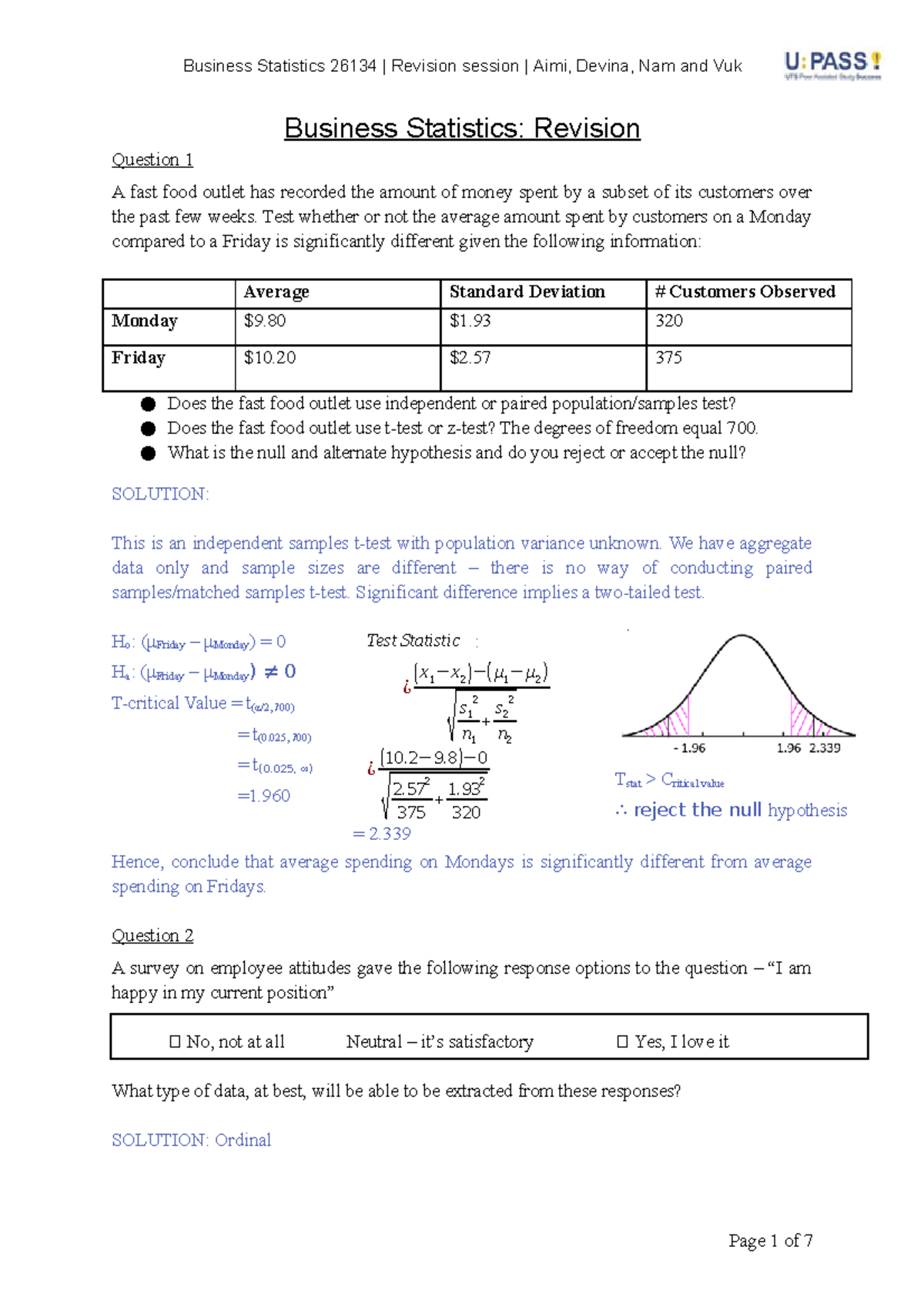 Revision BStats AUT2020 Solutions 1 - Business Statistics: Revision ...