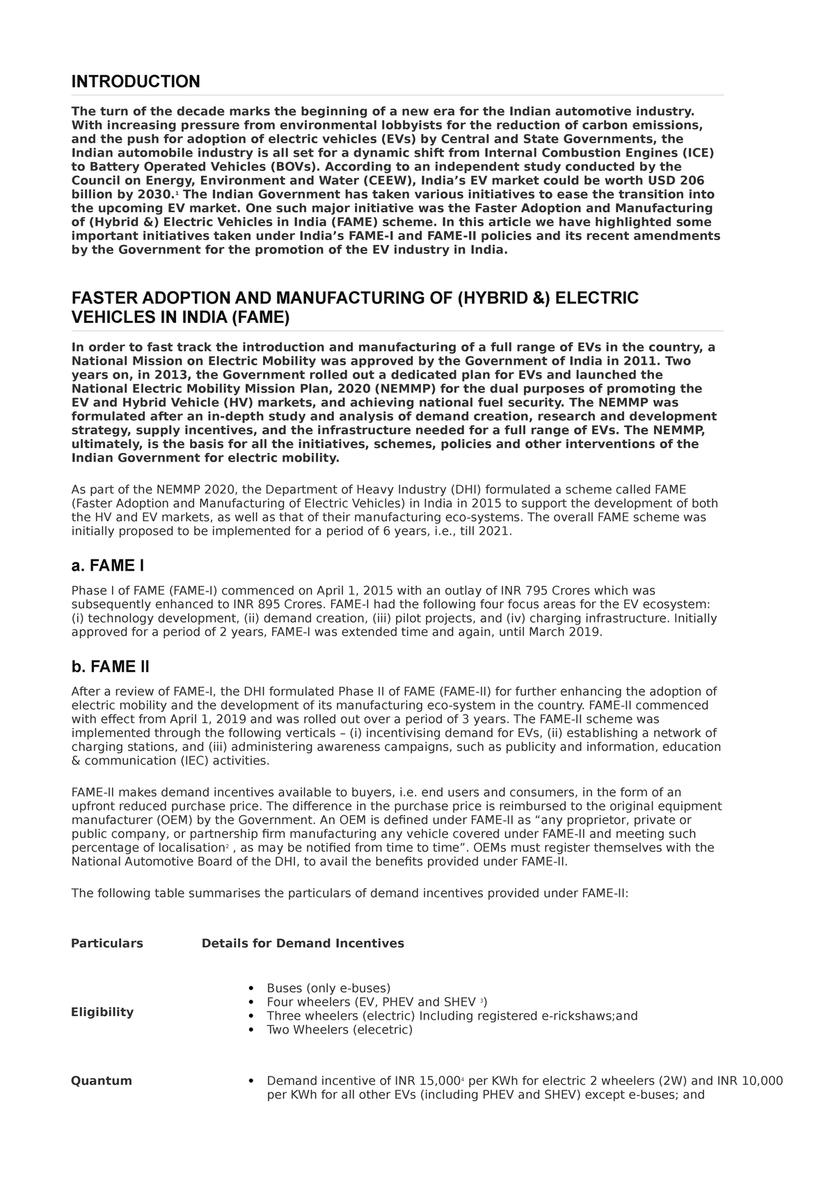 Fame 2 scheme for india ev - INTRODUCTION The turn of the decade marks ...