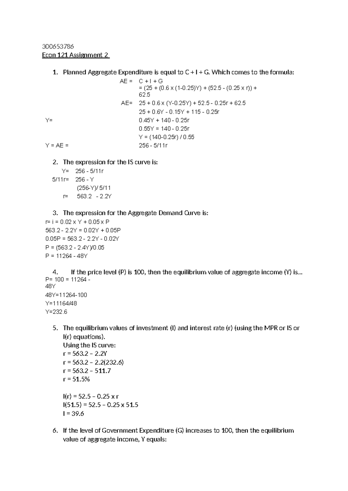Eco assignment 2 - 300653786 Econ 121 Assignment 2 1. Planned Aggregate ...