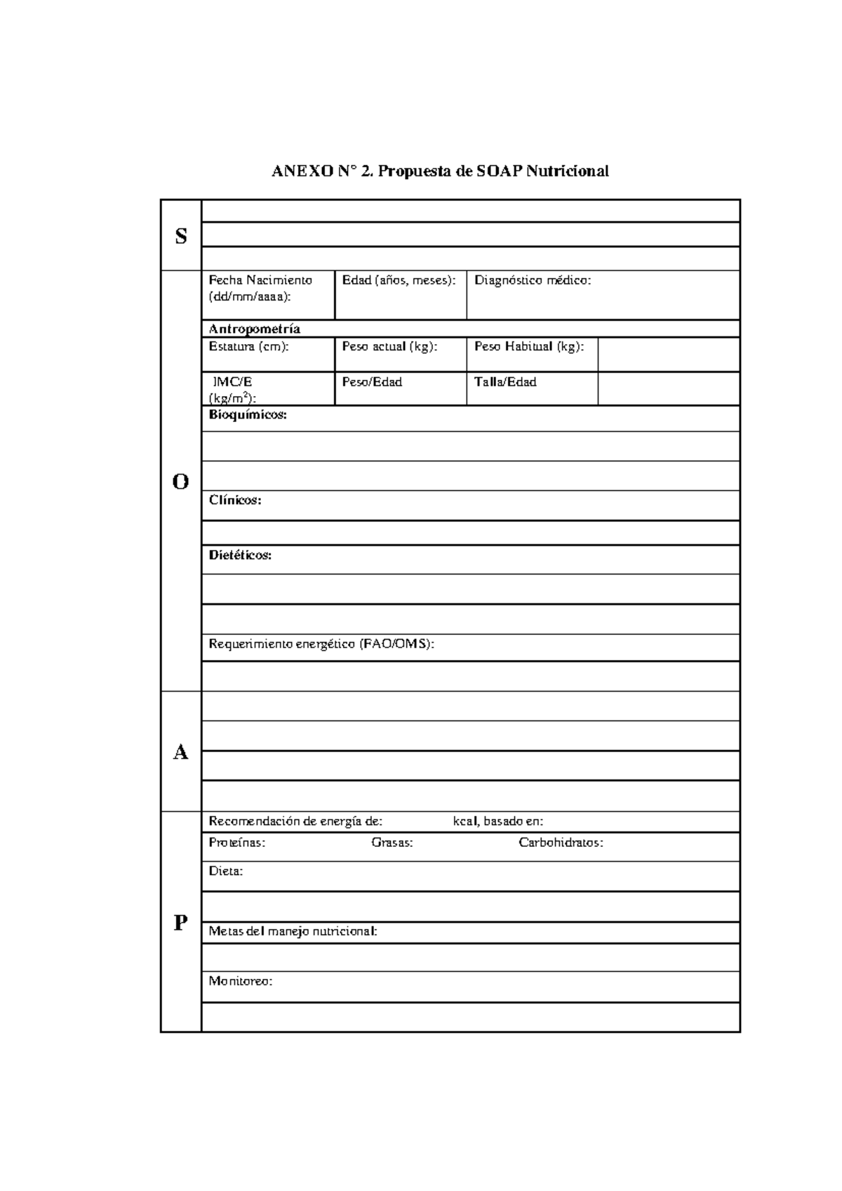 SOAP Propuesta - ANEXO N° 2. Propuesta de SOAP Nutricional S O Fecha ...