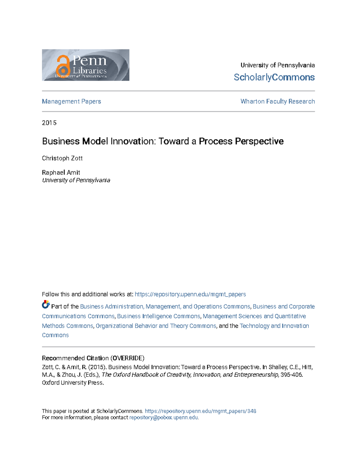 Business Model Innovation Toward a Process Perspective - upenn/mgmt_papers Part of the Business ...