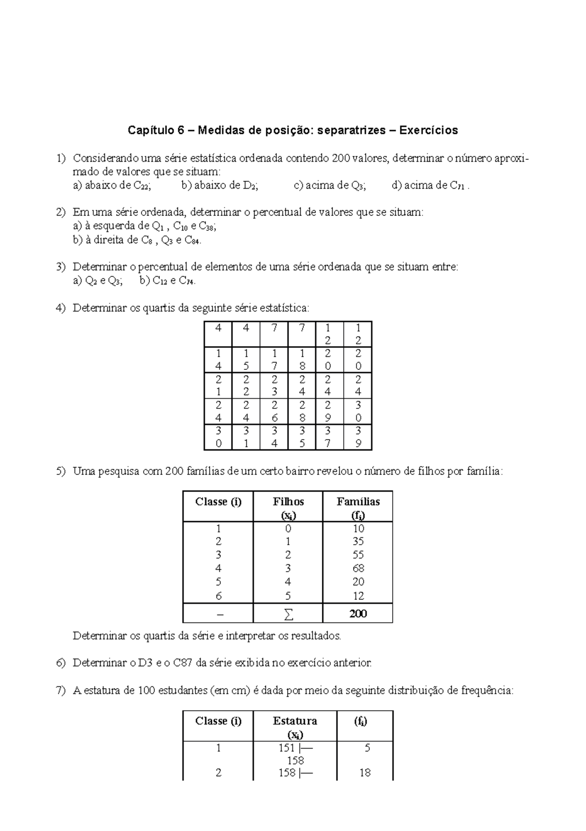Cap 6 – Exerc –Med de posição – separatrizes - Capítulo 6 – Medidas de ...