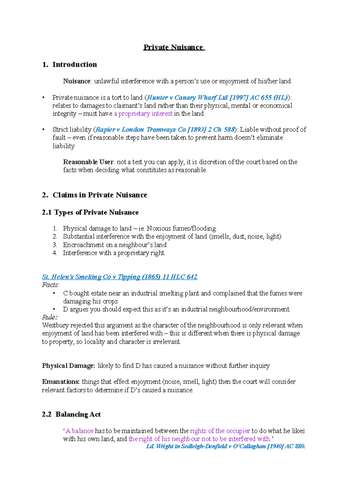 Nuisance notes - Private Nuisance 1. Introduction Nuisance: unlawful ...