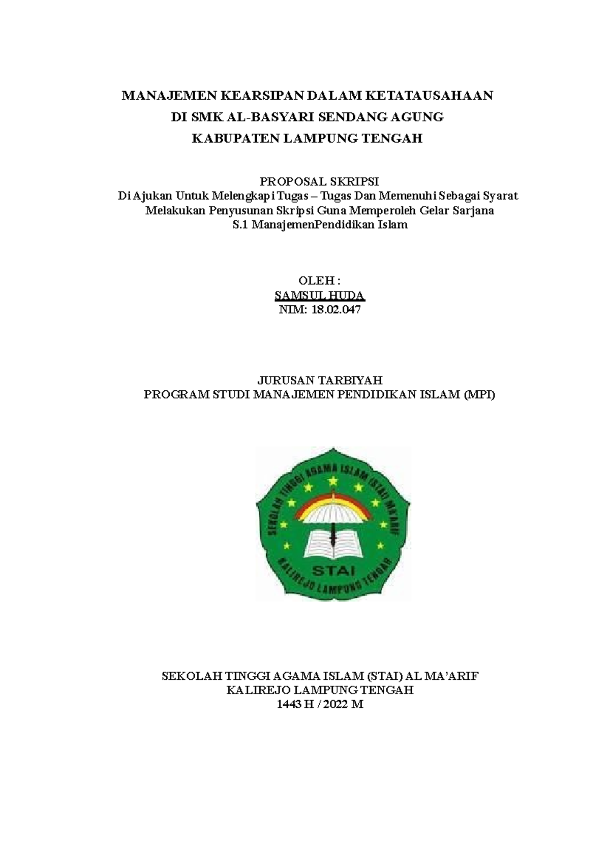Cover Proposal HUDA TOP - MANAJEMEN KEARSIPAN DALAM KETATAUSAHAAN DI ...