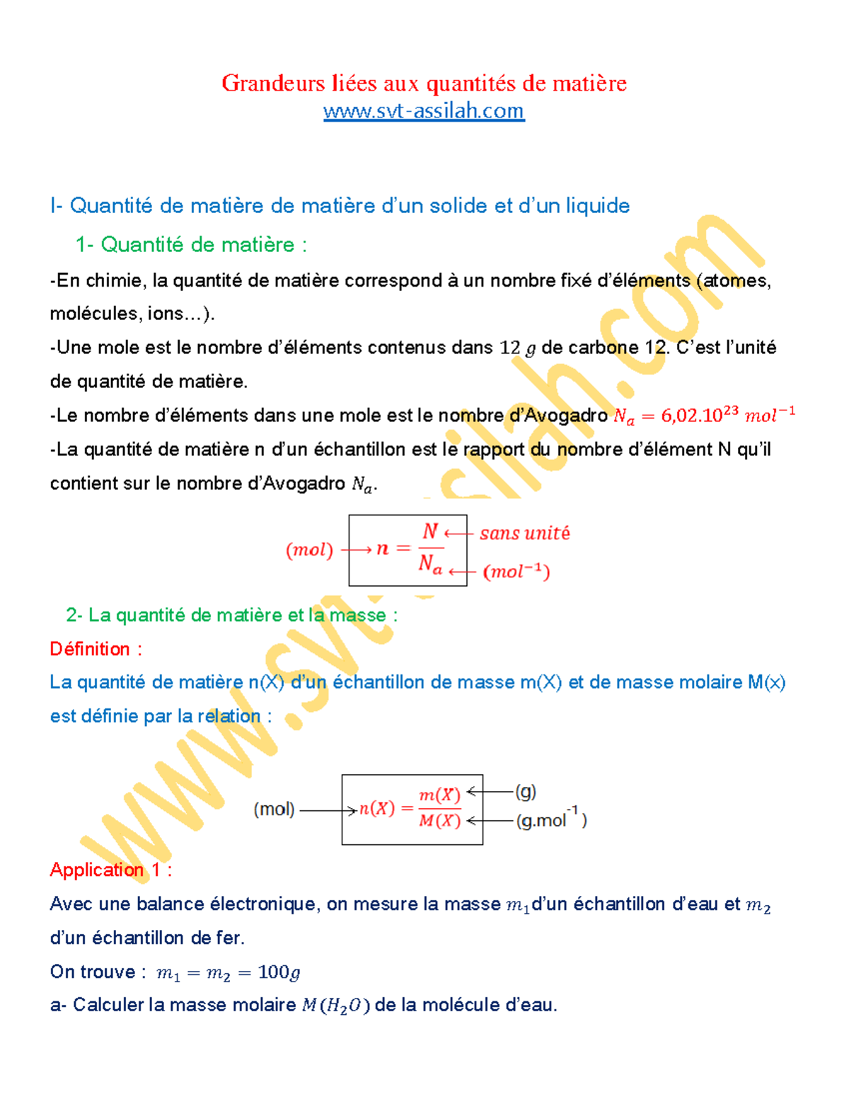2 grandeurs liées aux quantités de matière - Grandeurs liées aux ...