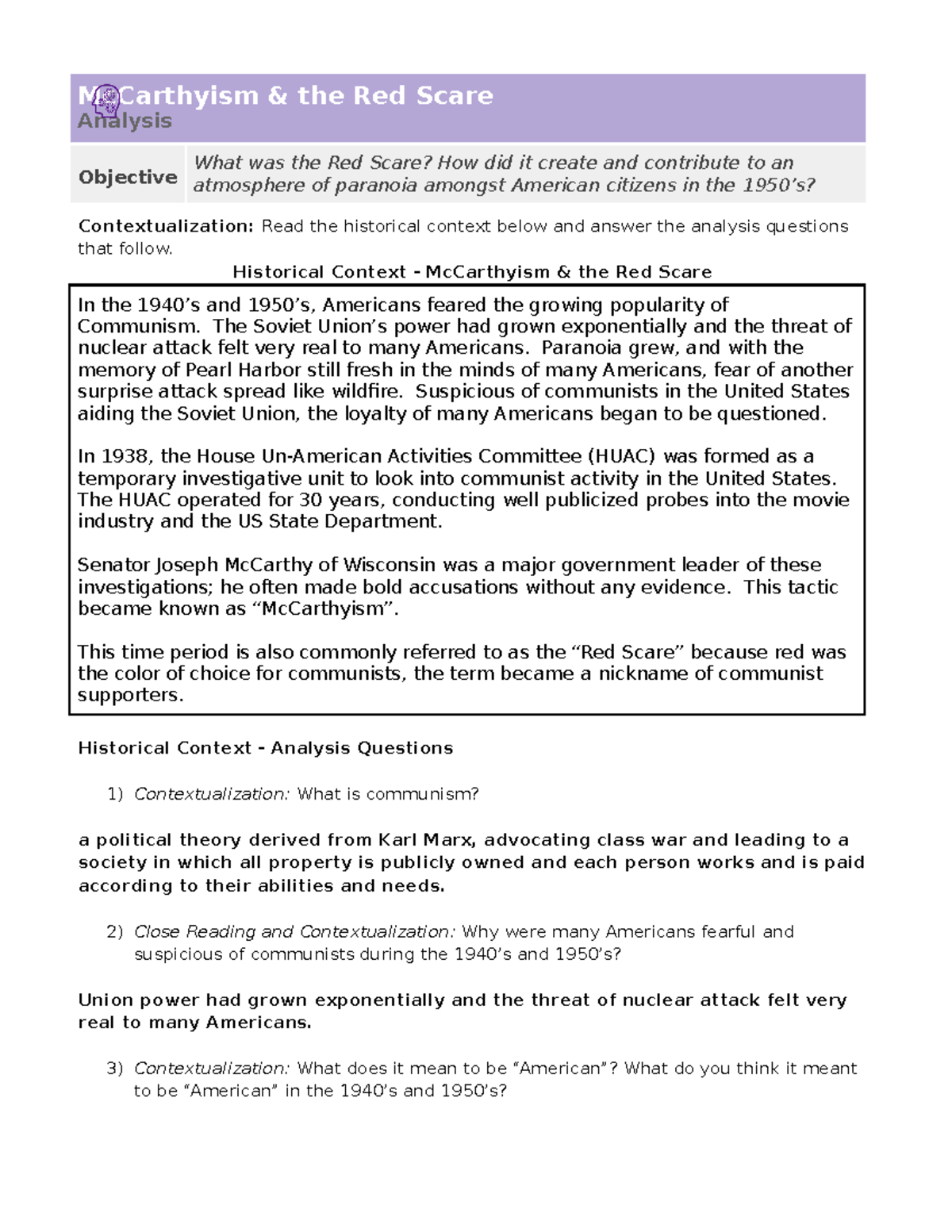 English) Mc Carthyism and the Red Scare - McCarthyism & the Red Scare ...