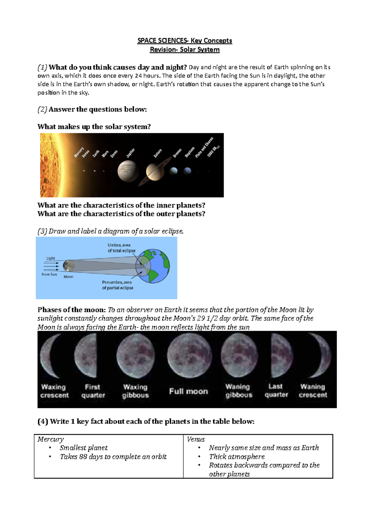 Wk9 space science revision sheet - SPACE SCIENCES- Key Concepts ...