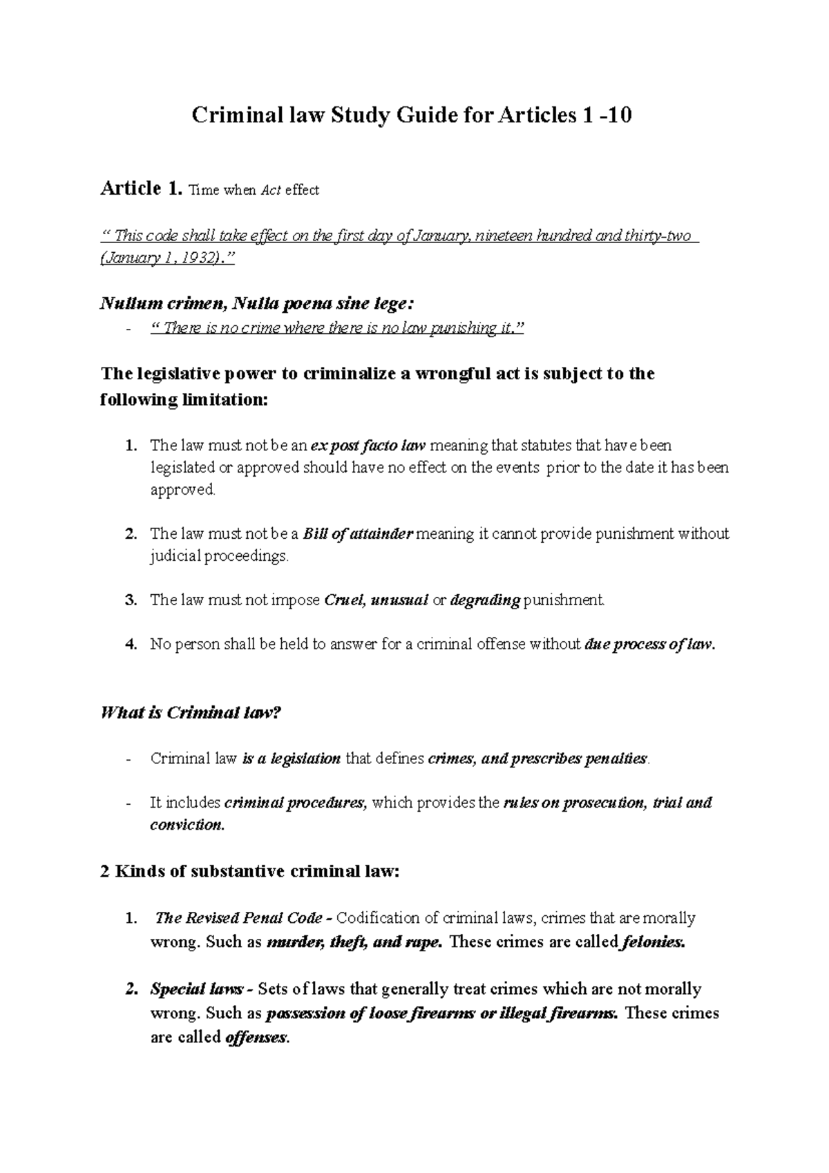 Criminal law Study Guide for Articles 1 -10 - Time when Act effect ...