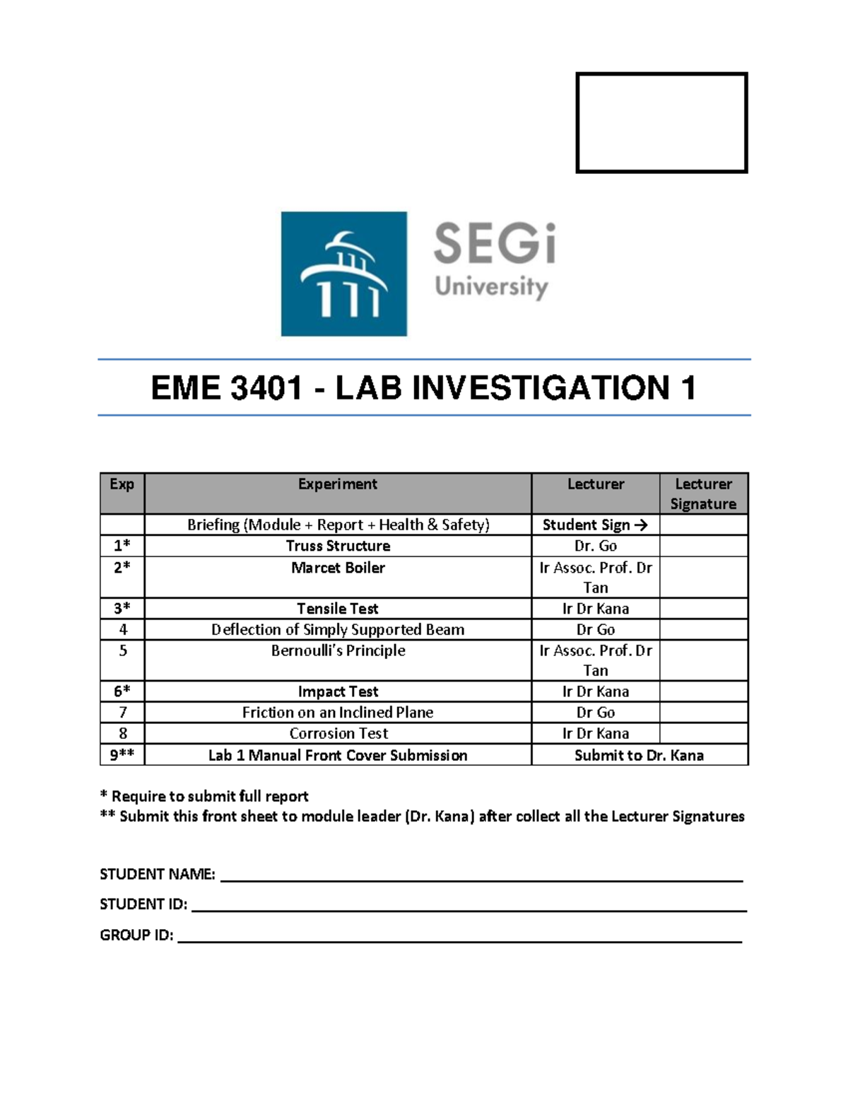 EME3401 Lab Investigation I - Manual 2019 - EME 3401 - LAB ...