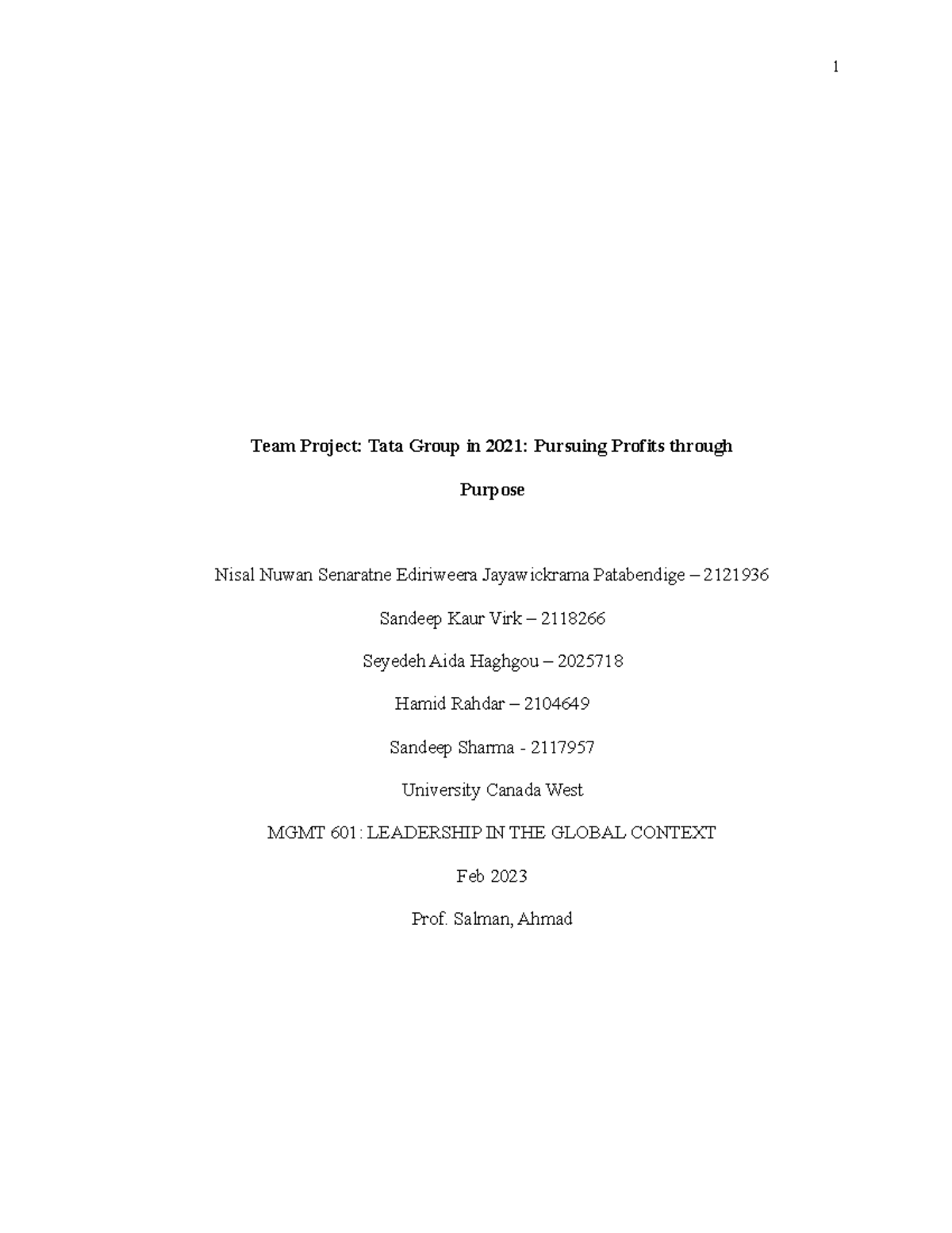 Tata group case study - Team Project (Template) - MGMT 601 - UCW - Studocu