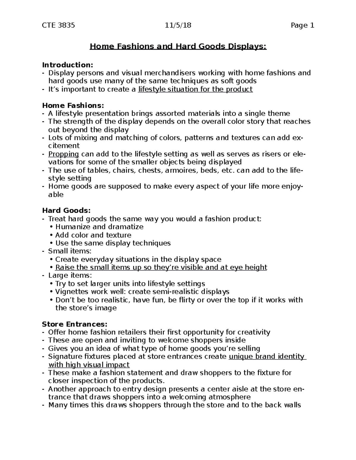 Home fashions and hard goods lecture notes - CTE 3835 Page 1 Home ...