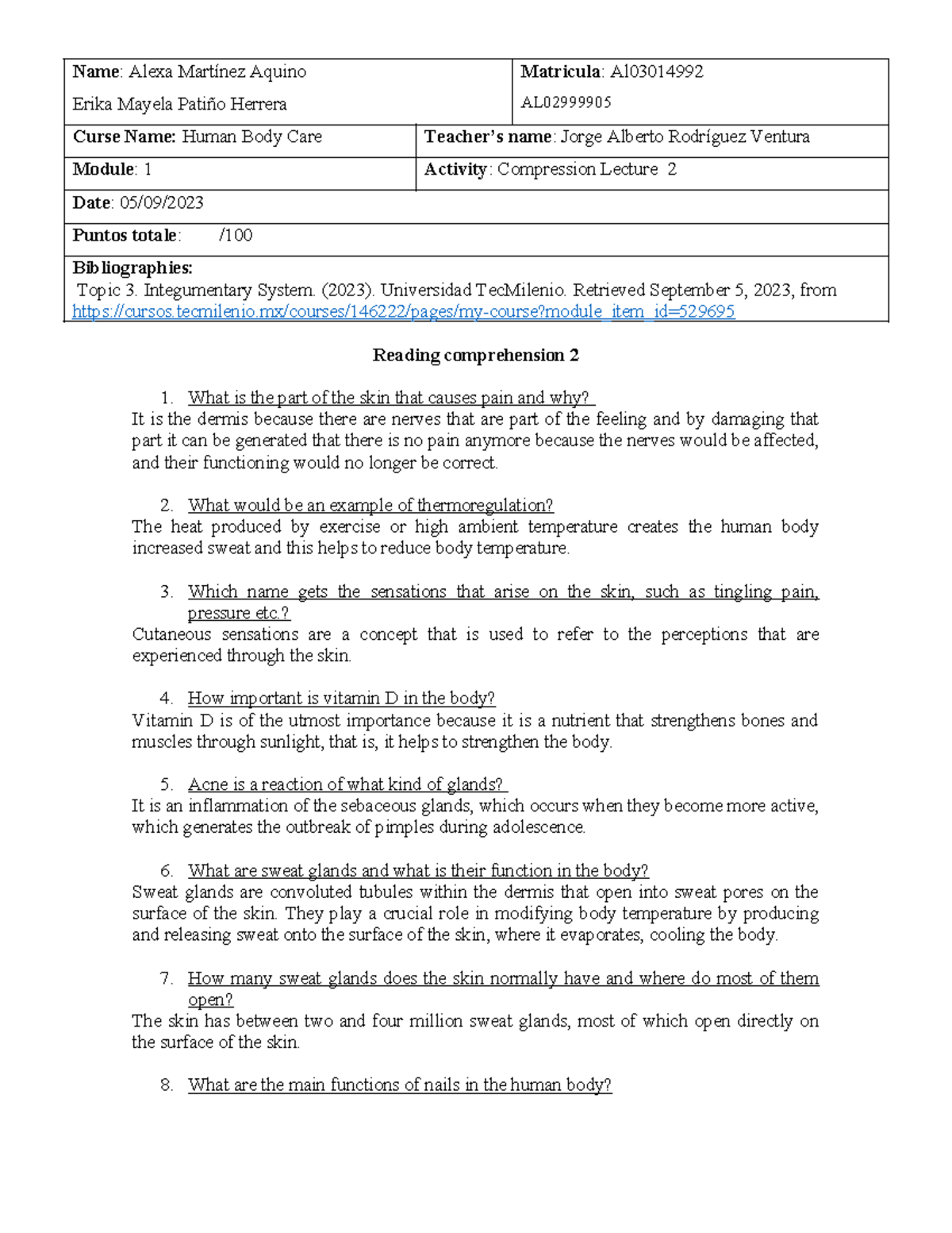 Reading C. 2 - H - Reading comprehension 2 What is the part of the skin ...
