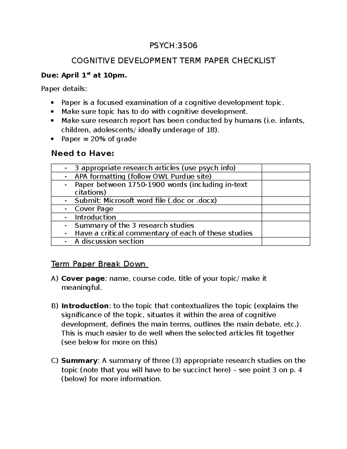 Psych Term Paper Checklist - PSYCH: COGNITIVE DEVELOPMENT TERM PAPER ...
