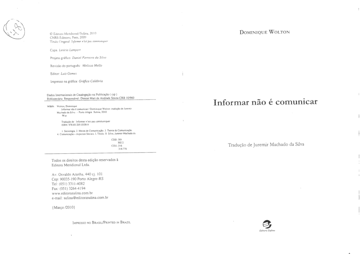 1- Wolton - Comunicar não é informar - C Editora 2010 DOMINIQUE WOLTON ...