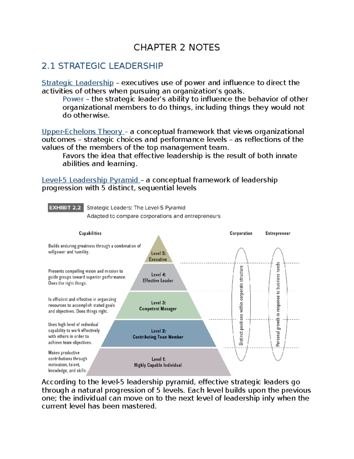 Chapter 2 Notes - CHAPTER 2 NOTES 2 STRATEGIC LEADERSHIP Strategic ...