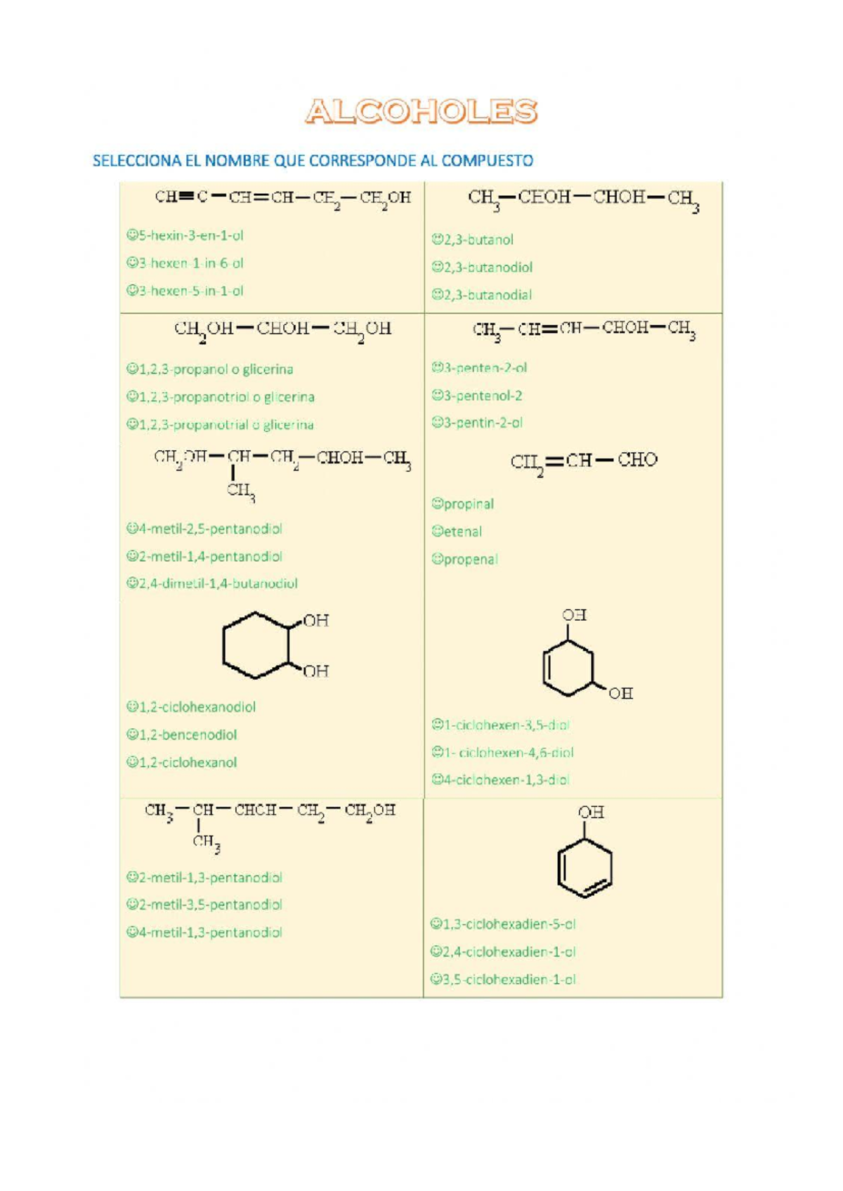 Alcoholes II - quimica - Química - ALCOHOLES SELECCIONA EL NOMBRE QUE CORRESPONDE AL COMPUESTO C ...