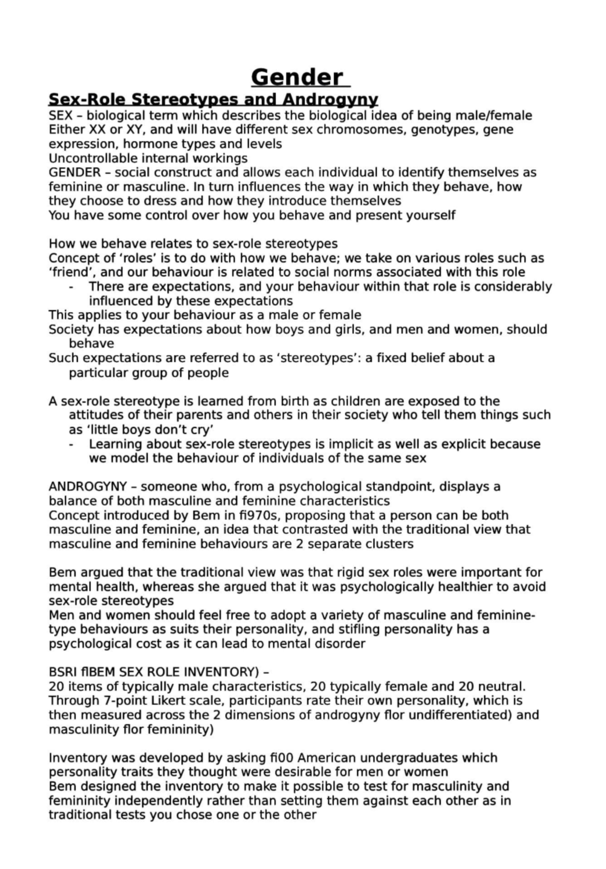 Gender PSY - ……………………. - Gender Sex-Role Stereotypes and Androgyny SEX ...