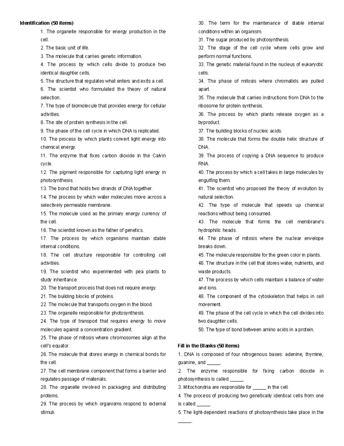 Fundamentals of Biology Practice Questions - Identification (50 items ...