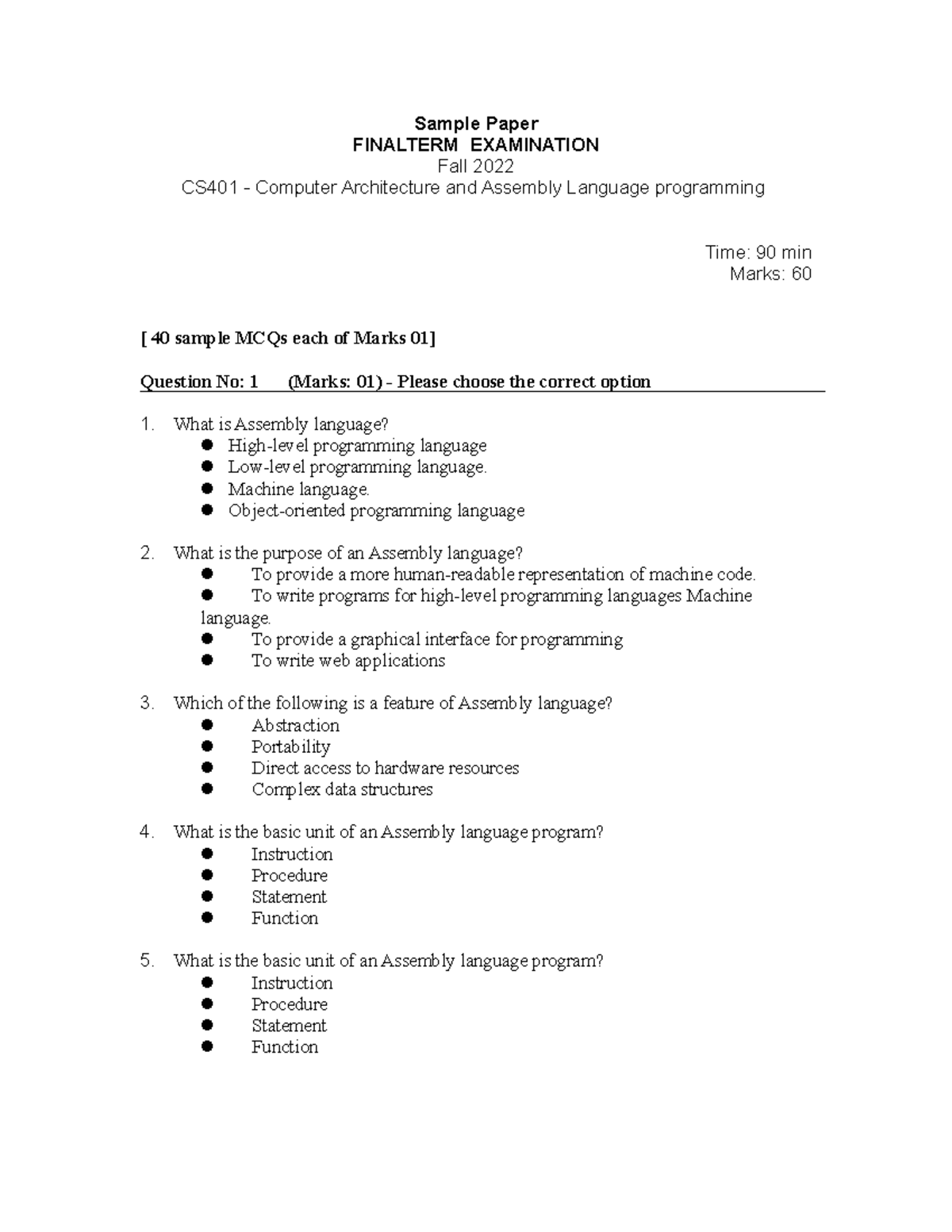 Sample Paper Cs401 Sample Paper Finalterm Examination Fall 2022 Cs401 Computer Architecture