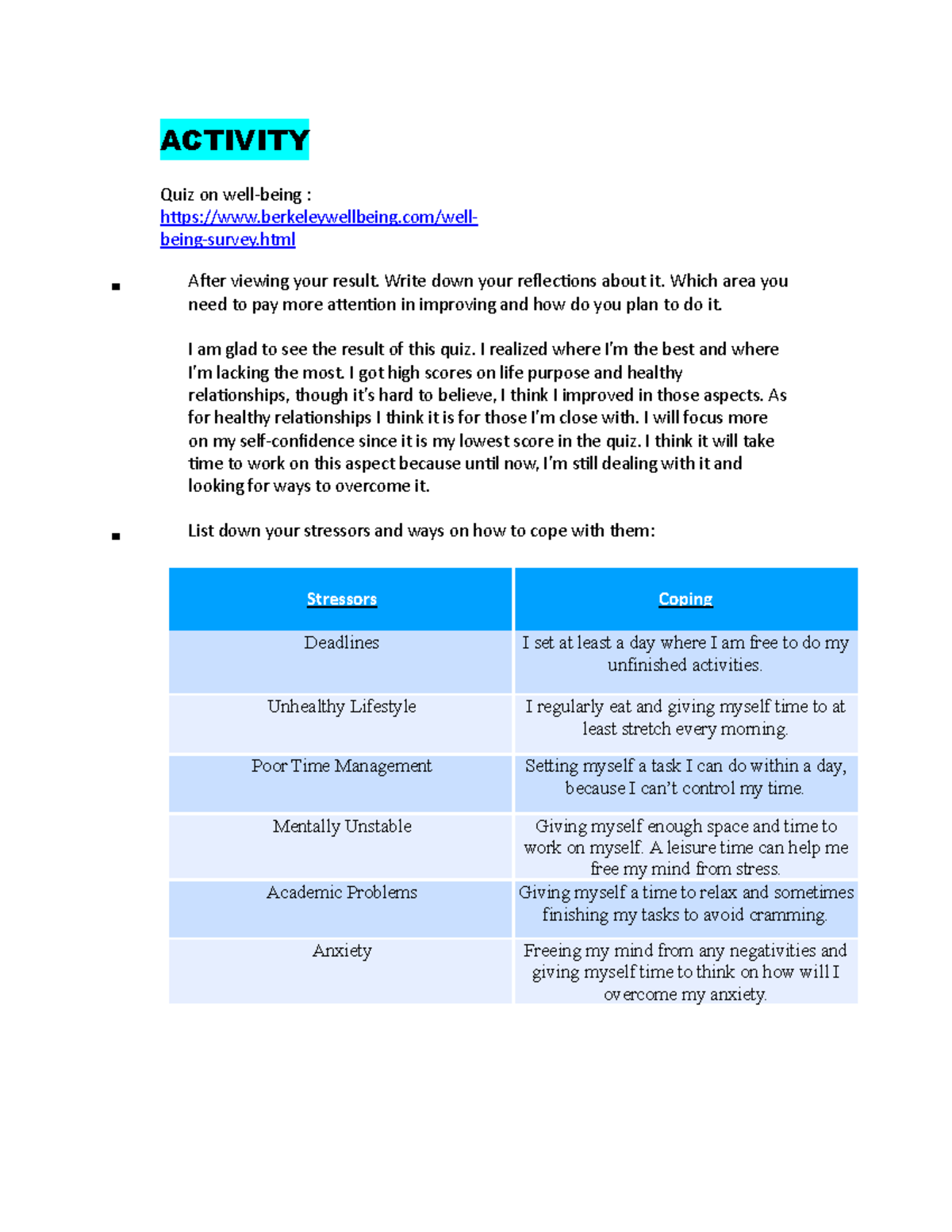 Taking charge of ones health Activity - ACTIVITY Quiz on well-being ...