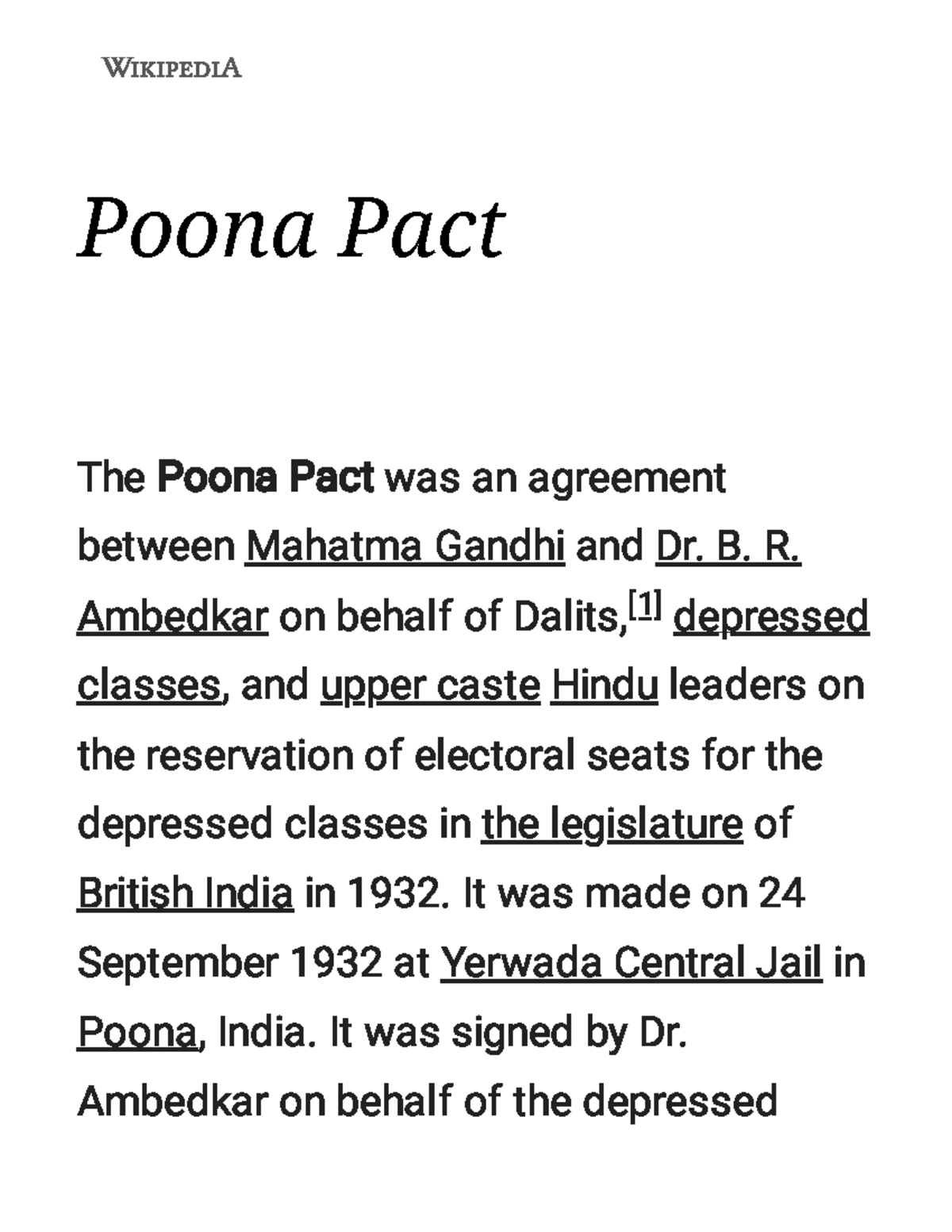 Poona Pact - Poona Pact The Po o na Pa ct wa s a n a greement between ...