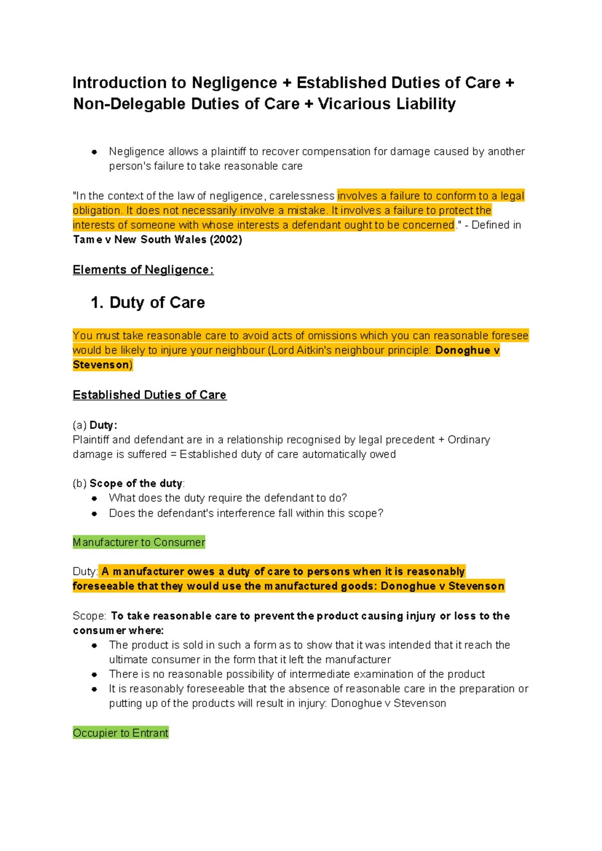 Torts lecture notes - Introduction to Negligence + Established Duties ...