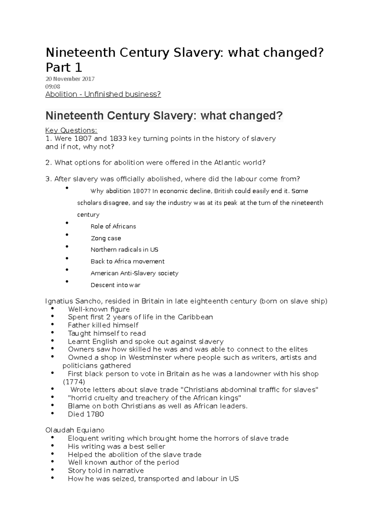 Slavery l9 - Lecture notes - Nineteenth Century Slavery: what changed ...
