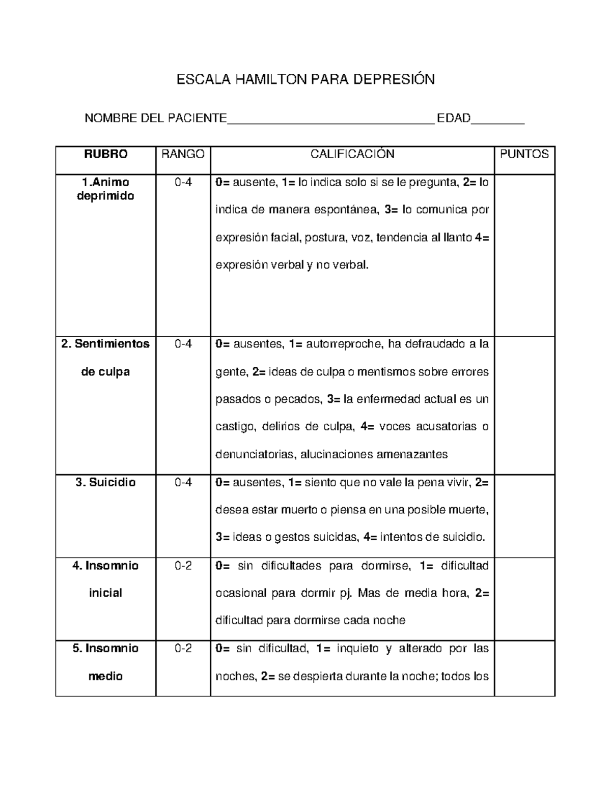 Escala Hamilton PARA Depresión - ESCALA HAMILTON PARA DEPRESIÓN NOMBRE ...
