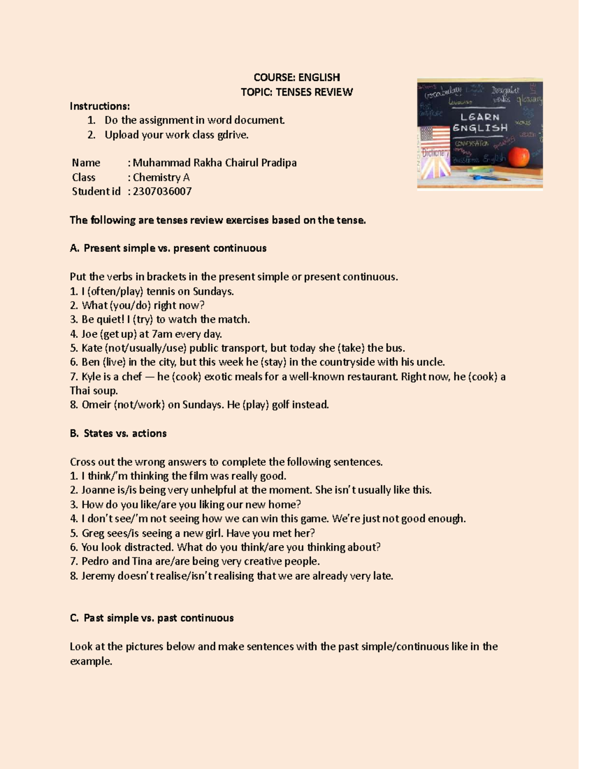 Tenses Review - test - Instructions: COURSE: ENGLISH TOPIC: TENSES ...