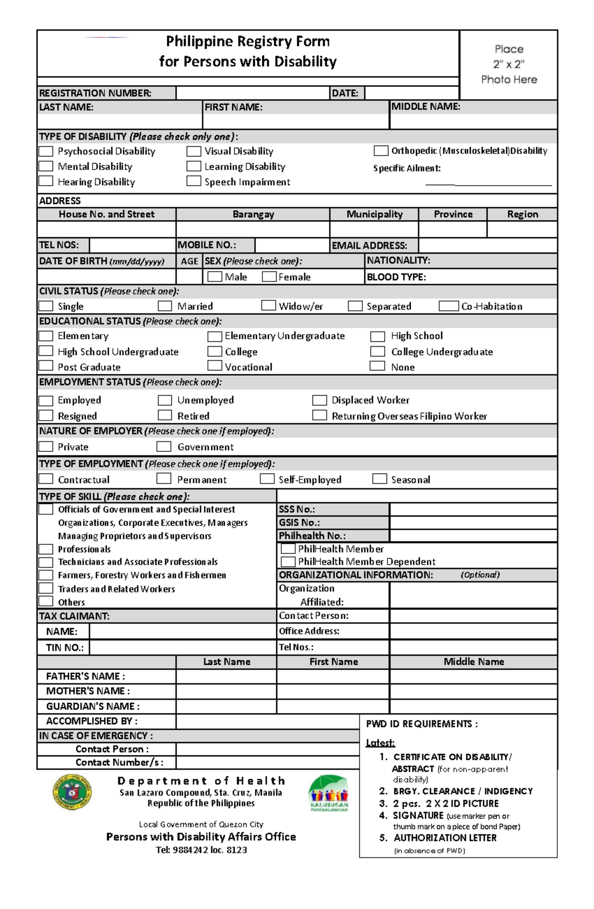 Philippine Registry Form for PWD - REGISTRATION NUMBER: DATE: LAST NAME ...