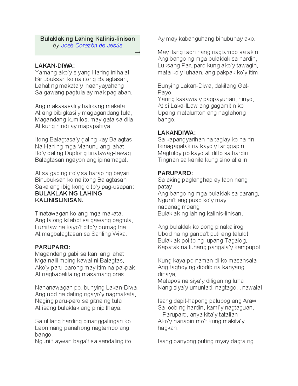 Bulaklak ng Lahing Kalinis- Balagtasan - Bulaklak ng Lahing Kalinis ...