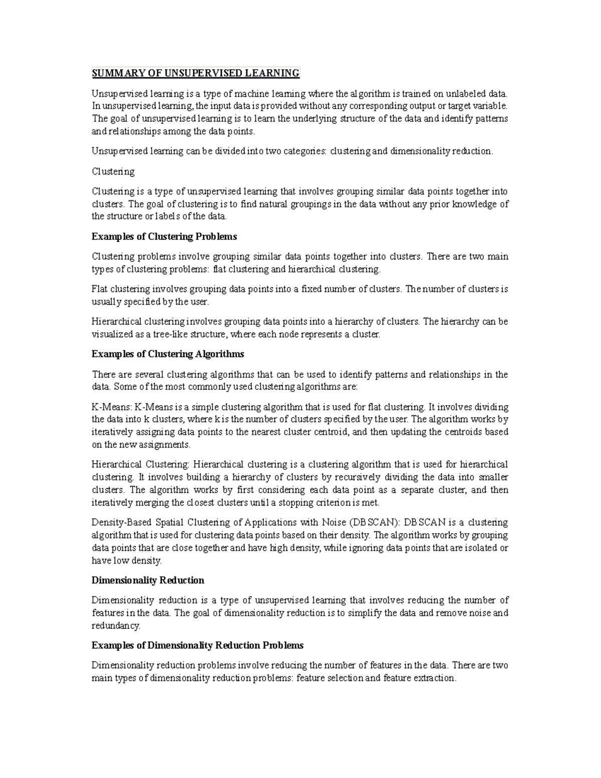 Summary Of Unsupervised Learning Summary Of Unsupervised Learning Unsupervised Learning Is A