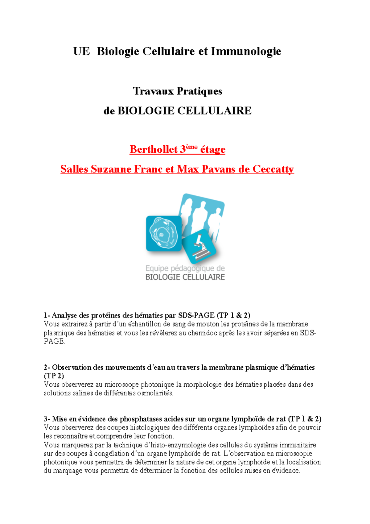 Fascicule 2023-2024 - UE Biologie Cellulaire et Immunologie Travaux Pratiques de BIOLOGIE ...