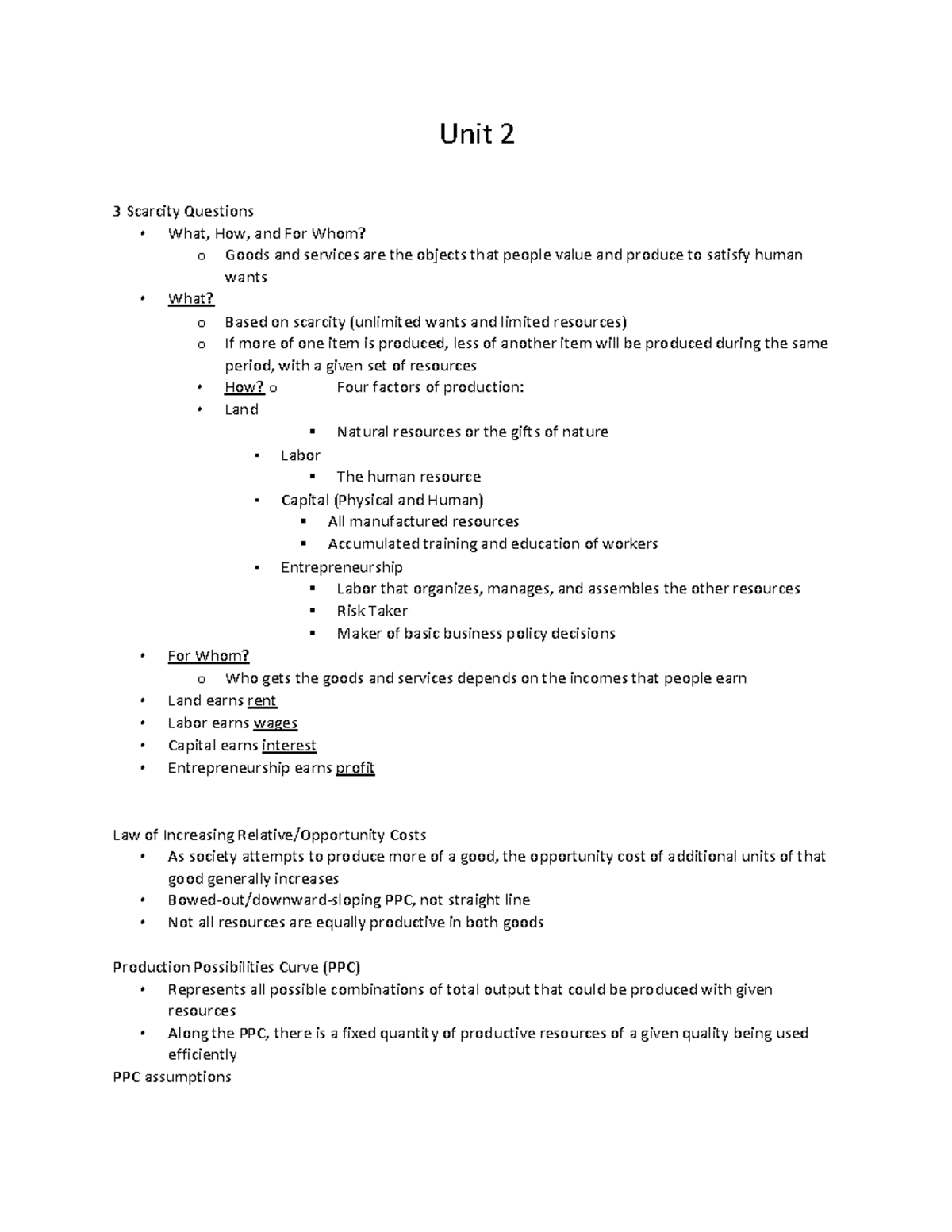 Econ Unit 2A at Indiana University - Unit 2 3 Scarcity Questions • What, How, and For Whom? o ...